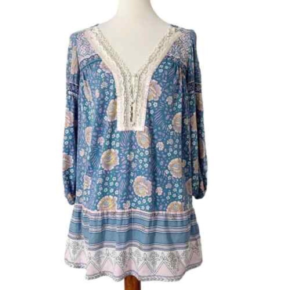 Free People | Tops | Free People Tunic Top Boho Print In Blue With Lace ...